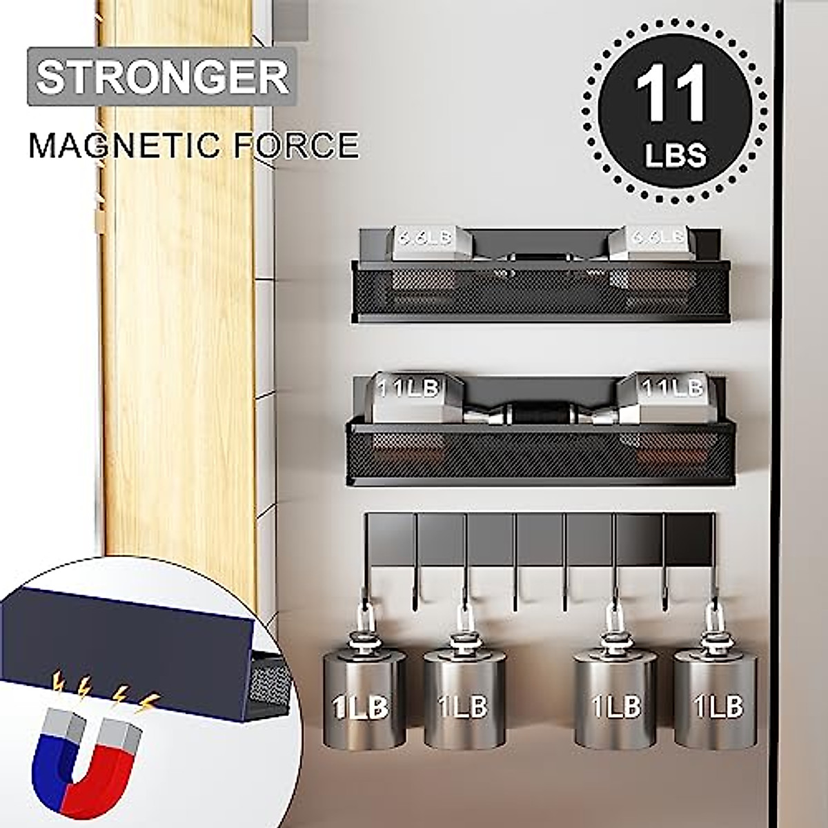 Aufworld Magnetic Spice Rack for Refrigerator, 3 Pack Magnetic Shelf, Moveable Magnetic Fridge Organizer with 8-Hook Rack, Seasoning Organizer for Kitchen Organization and Storage (3 Pack)