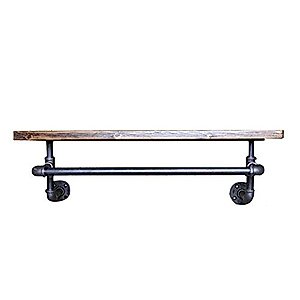 PIBM Stylish Simplicity Shelf Wall Mounted Floating Rack Shelves Retro Iron Art Water Pipe Multifunction Kitchen Towel Hook Bathroom, Black , 60x20x2cm