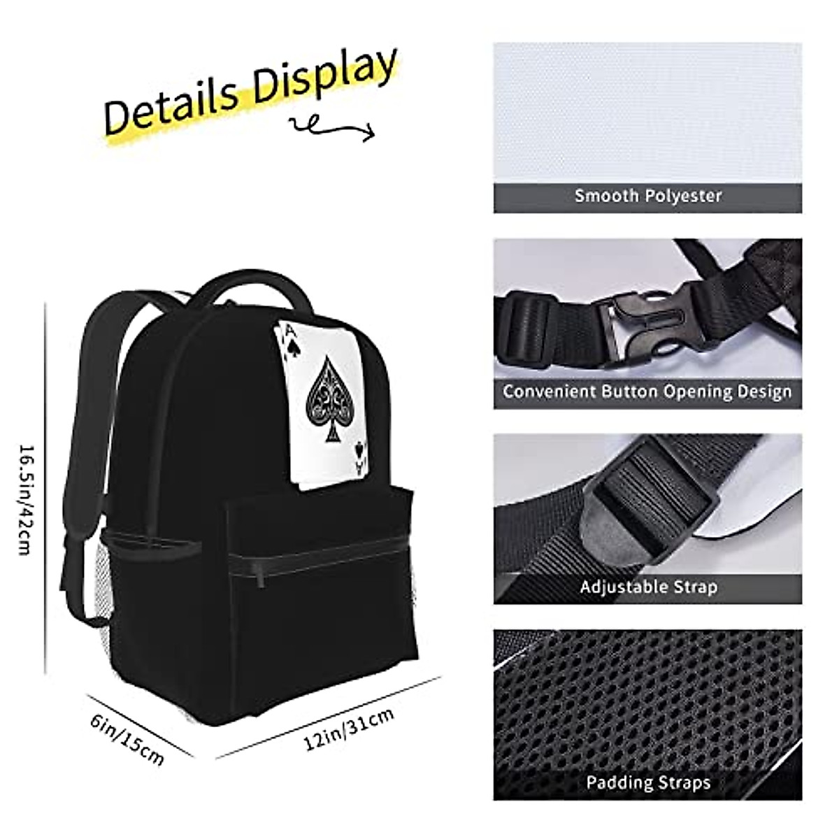 Poker Ace Of Spades Backpack Student Bag Work Light Schoolbag Traveling Handbag Leisure Knapsack