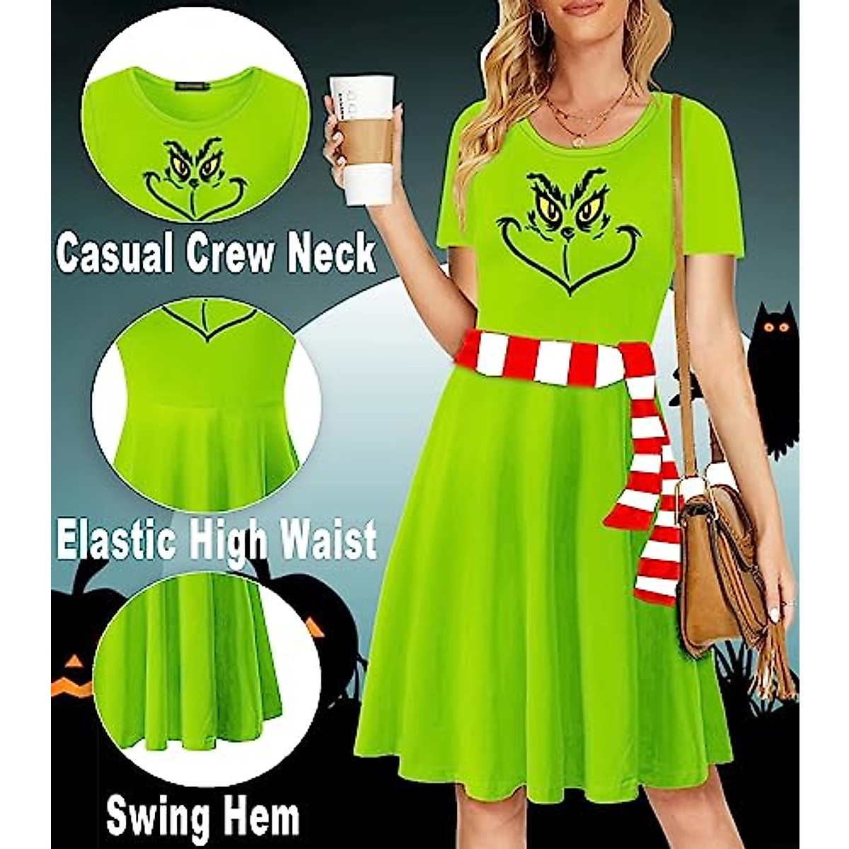 Womens Christmas Green Monster Dress Halloween Grinch Costume Dresses Fancy Flare Dress XL