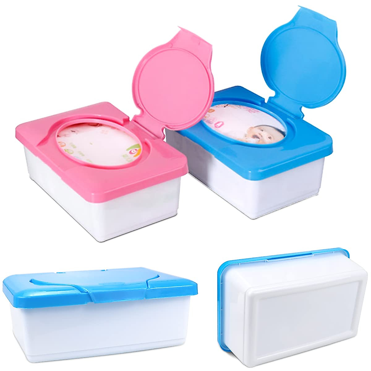 DOERDO 2PCS Baby Wipe Dispenser with Lid Tissue Case Tissue Storage Box Keeps Baby Wipes Fresh and Safe Napkin Storage Box (Blue)