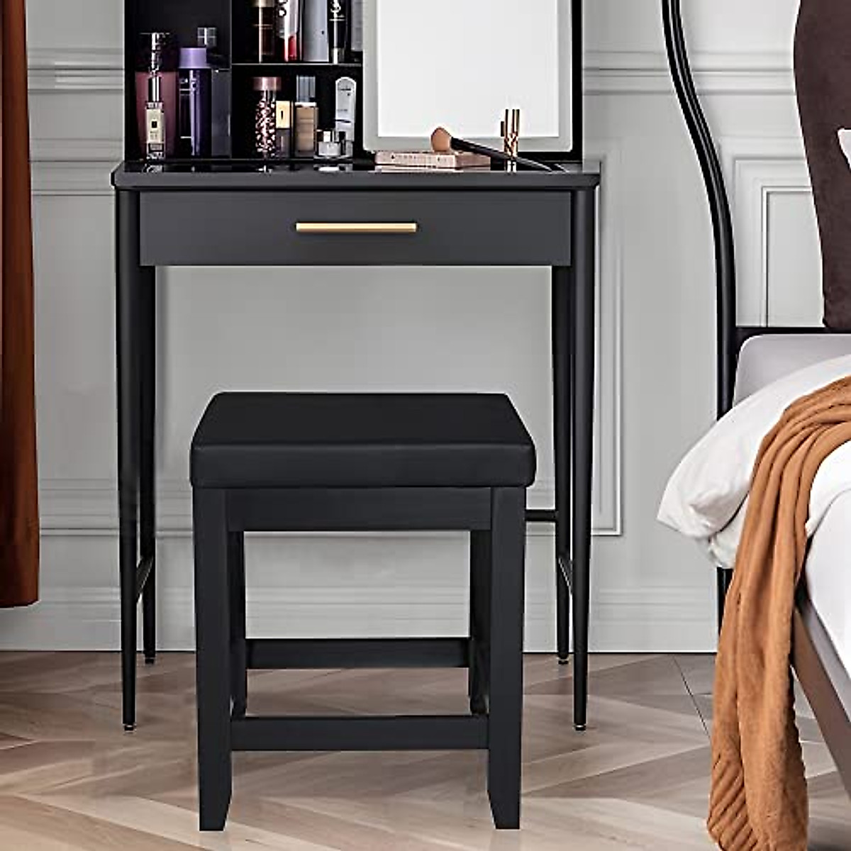 Iwell Large Vanity Stool with Solid Wood Legs, Capacity 330lb, Vanity Bench, Vanity Chair, Dressing Stool for Bedroom, Bathroom, Piano Seat, Black