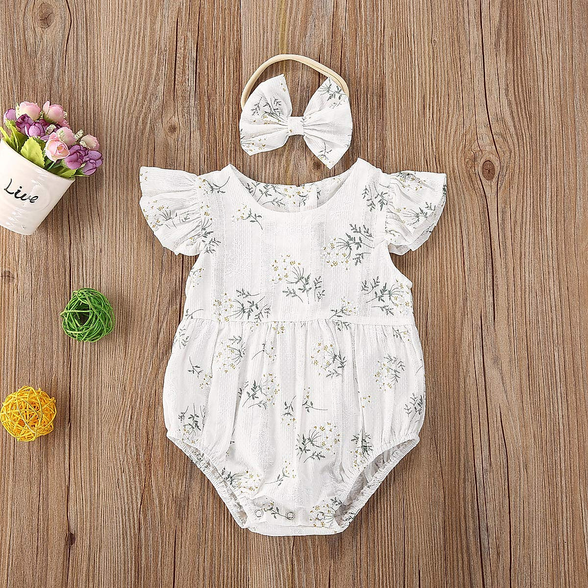 Newborn Baby Girl Romper Floral Ruffle Sleeveless Jumpsuit Cotton Bodysuit with Headband Summer Clothes Outfit (A-White, 0-6m)