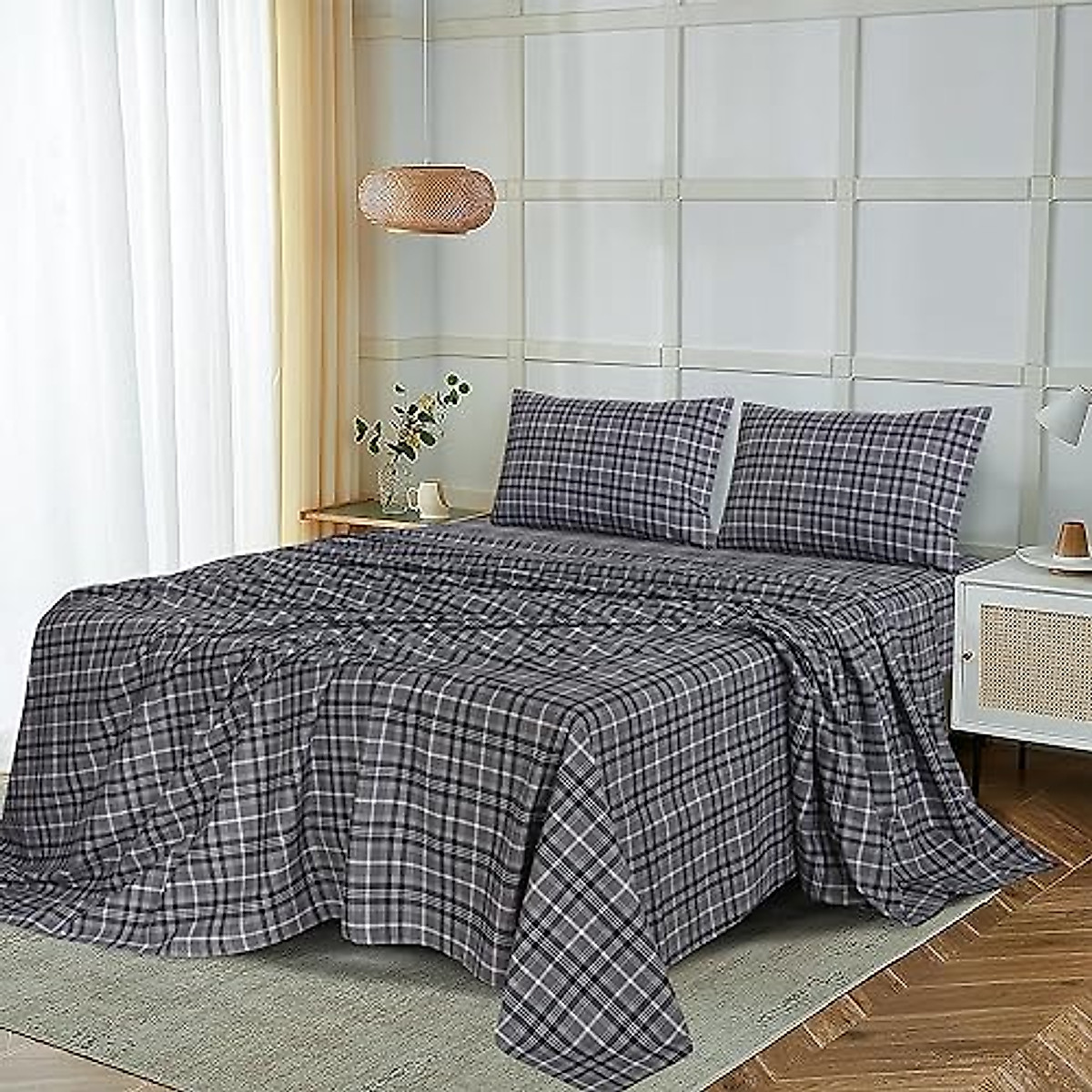 RUVANTI Flannel Sheets Twin Size - 100% Cotton Brushed Flannel Bed Sheet Sets - Deep Pockets 16 Inches (fits up to 18") - All Seasons Breathable & Super Soft - Warm & Cozy - 3 Pcs - Grey Plaid