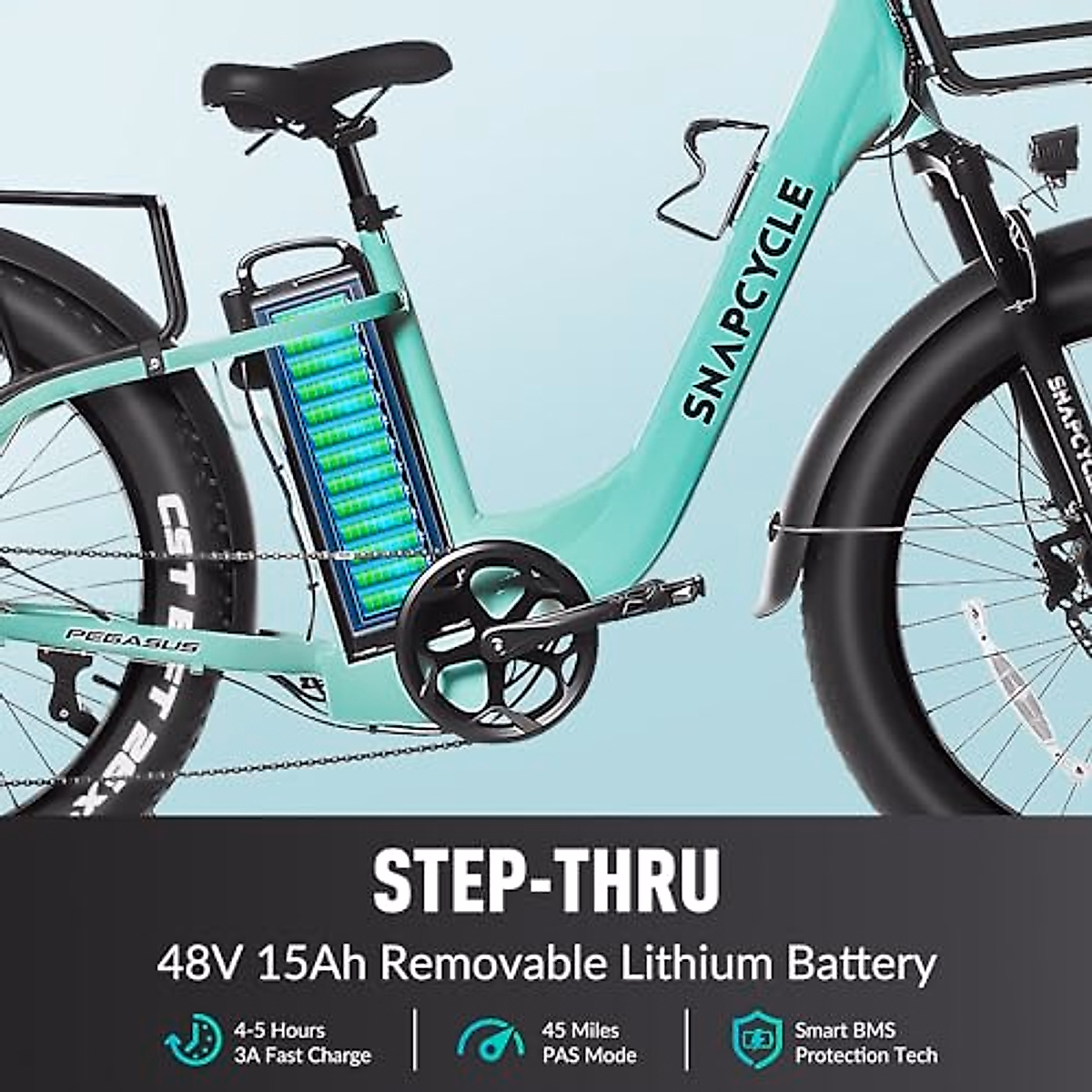 Snapcycle Electric Bike for Adults,1000W Peak Motor 28MPH with 26" x 4.0 Fat Tire Step-Thru Ebike,48V 15AH Removable Battery, Hydraulic Brake, Shock Absorber, Commuter Ebikes,7-Speed Gear, UL