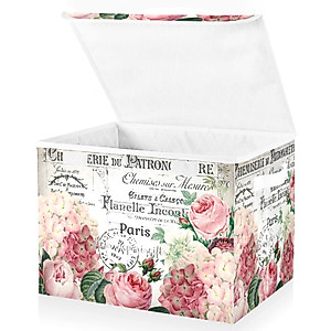 MFTJYO Storage Bin with Lid Vintage Pink Rose Flower Foldable Storage Box Washable Fabric Storage Cubes Bin Organizer Basket Closet for Home Bedroom Closet Nursery Office