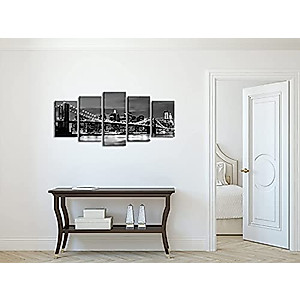 Wieco Art New York Brooklyn Bridge Canvas Wall Art Night View 5 Panels Modern Landscape Artwork Canvas Prints Abstract Pictures to Photo Canvas Wall Decor for Home & Office Decorations