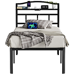 YORMDMO Twin Bed Frame - Storage Headboard with Charging Station, Easy Assembly, Heavy Duty Metal Bed Frame, No Box Spring Needed, 18 Inch, Black