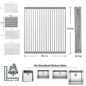 Tomorotec Roll Up Dish Drying Rack Over The Sink Grey Large Dish Drying Rack Rolling Foldable Collapsible SUS304 Stainless Steel Multipurpose Dish Drainer for Kitchen Counter (17.8”x15.7”)