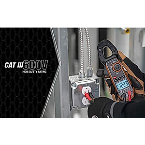 Southwire 21510N clamp meter; third-hand test probe holder; 400A AC current range; CAT III 600V safety rating; built-in non-contact voltage detector; 5 year warranty; Black Brown