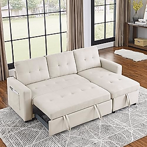 Reversible Sectional Sofa with Pull-Out Sleeper Bed, L-Shape 3-Seater Convertible Corner Sofa&Couches with Storage Chaise and Side Pockets ,Button Tufted Upholstery Couch for Living Room Furniture