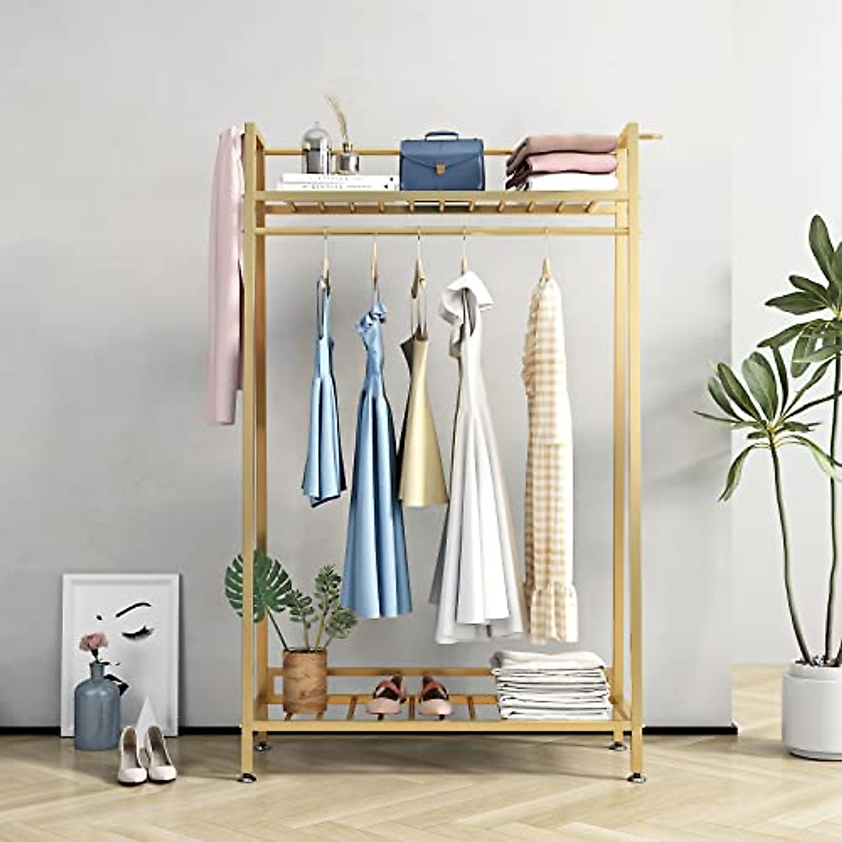 Gold Clothing Rack Modern Clothes Rack with 2- tier Shelf Clothes Display Racks for Bedroom, Boutique, Cloth Store Metal Pipe Hanging Rack-gold