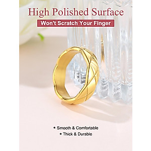 FOCALOOK Gold Ring 14K, Gold Rings for Women, Crush Wide Band Gold Ring, Wide Gold Band, Stacking Rings, Gold Wedding Band Minimalist Style (Gold, 7)