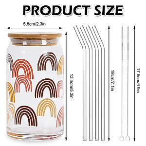 Whaline 4Pcs Boho Ice Coffee Cup with Bamboo Lids and Straws, 16oz Retro Groovy Drinking Glasses Rainbow Face Flower Beer Can Shaped Glass Cup for Soda Cocktail Whiskey Coffee Tea Water Wine