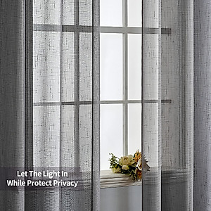 MIULEE 2 Panels Natural Linen Semi Sheer Window Curtains Elegant Solid Dark Grey Drapes Grommet Top Window Voile Panels Linen Textured Panels for Bedroom Living Room (52X96 Inch)