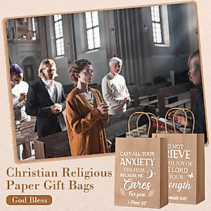 Chiisong 100 Pcs Christian Gift Bags Religious Bible Verse Treat Bags with Handles Inspirational Scripture Church Bag for Sunday School Baptism Guest Birthday Party Favor (Kraft with White)