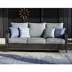 Signature Design by Ashley Outdoor Elite Park Patio Wicker Sofa with Cushion, Gray