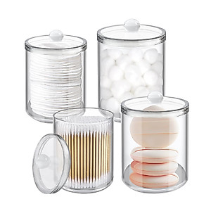 YOLCAR 4 Pack Cotton Swab Holder, Clear Acrylic Jars with Lid for Cotton Swabs, Cotton Balls, Home Decor, Bathroom Storage and Organization, Vanity Makeup Storage Organizer, 10oz and 12oz