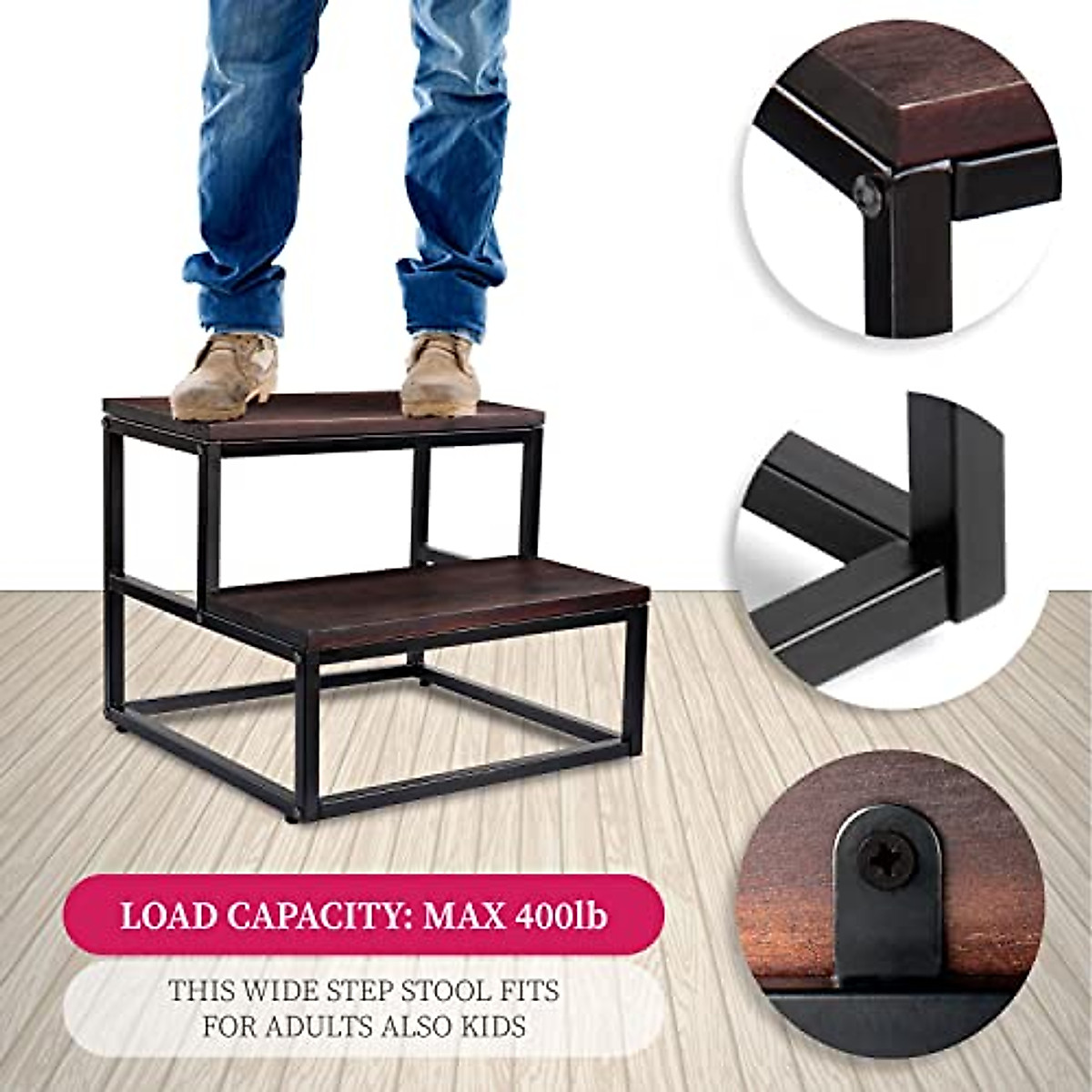Wooden Two Step Stool - Heavy Duty 2 Step Stool - Holds up to 400Lb with Metal Frame for Kitchen/Bathroom/Bedside Step Stool (Walnut)