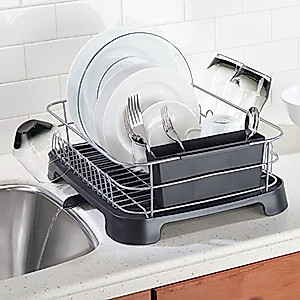 mDesign Alloy Steel Sink Dish Drying Rack Holder w/Plastic Swivel Spout Drainboard Tray - Dish Rack/Dish Drainer Storage Organizer for Kitchen Counter - Holds Plates, Concerto Collection, Silver/Black