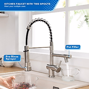 Commercial Kitchen Faucet, VFAUOSIT Kitchen Faucet with Pull Down Sprayer, Single Handle Kitchen Sink Faucet with Pot Filler, Brushed Nickel Stainless Steel Spring Sink Faucet