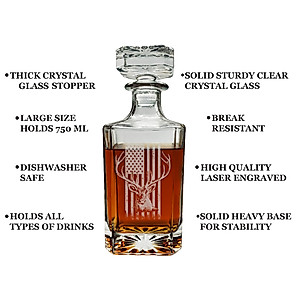 USA Flag Buck Hunting Whiskey Decanter With Glass Stopper Custom Gift For Men Dad Veteran Father's Day Deer Hunter