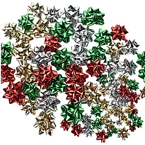 120 Christmas Bows Self Adhesive for Presents Wreaths Wrapping Holiday Gifts Includes Large Medium Small and Mini Sizes in Red Green Silver and Gold 24 of 4", 30 of 3", 30 of 2",and 36 1" Bows