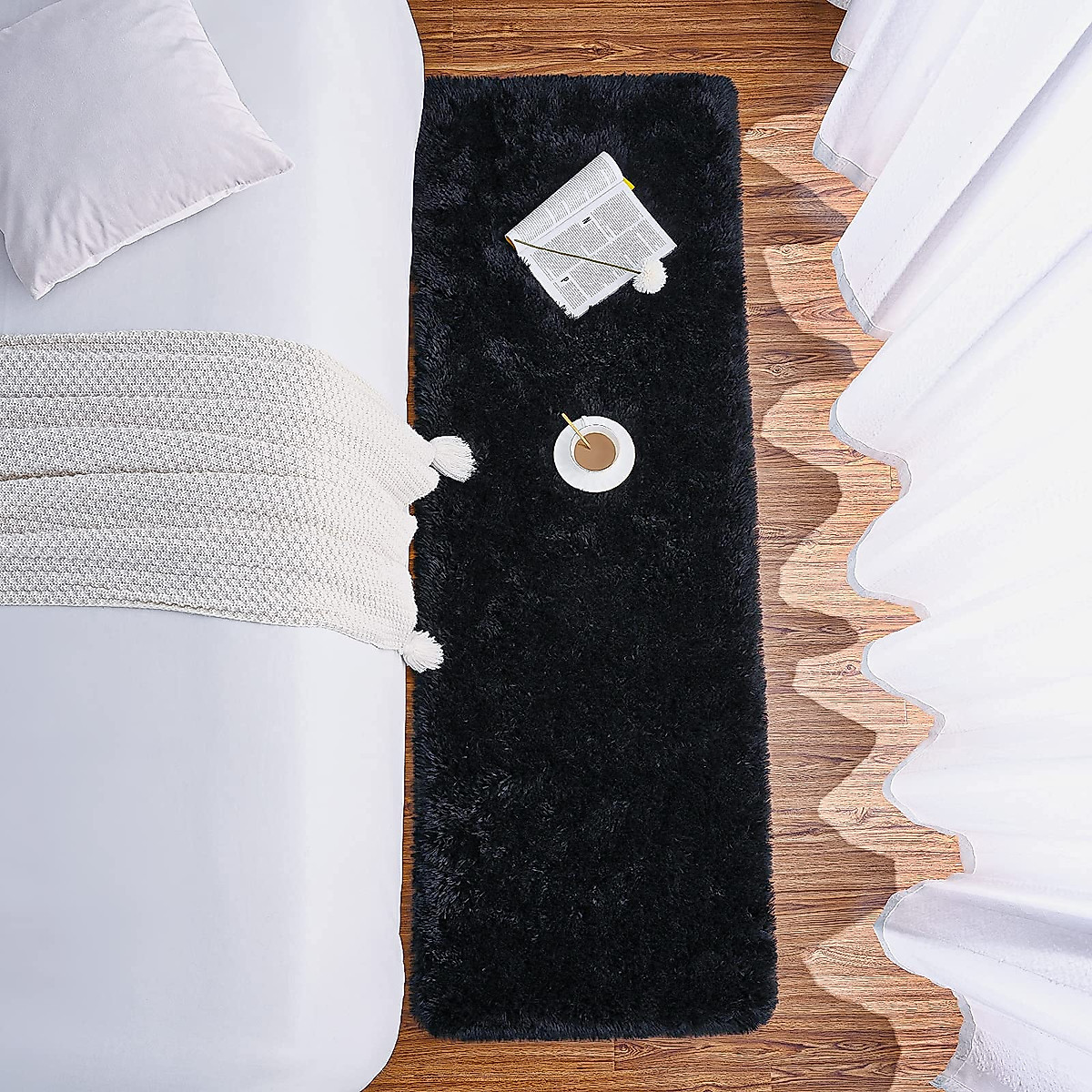 Chicrug Soft Runner Rugs for Bedroom Living Room Plush Fluffy Rug 2x6 Feet, Shag Furry Area Rug Carpet Non Shedding for Nursery Children Kids Girls Room Home Decorative, Black