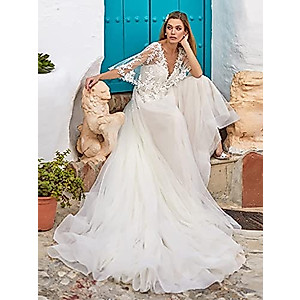 YMSHA Ball Gown Wedding Dresses Ivory Long Spaghetti Straps Sleeveless Lace Appliques Bohemian Bridal Gowns for Wedding Party 10