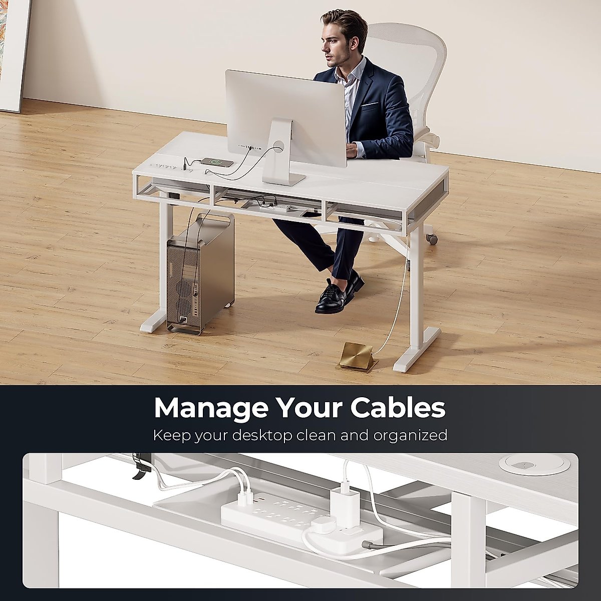 AODK Electric Standing Desk with Drawers & Keyboard Tray, 55 Inch Height Adjustable Desk with Power Outlets, Sit Stand Table, Writing Computer Desk for Home, Office, Workstation, White