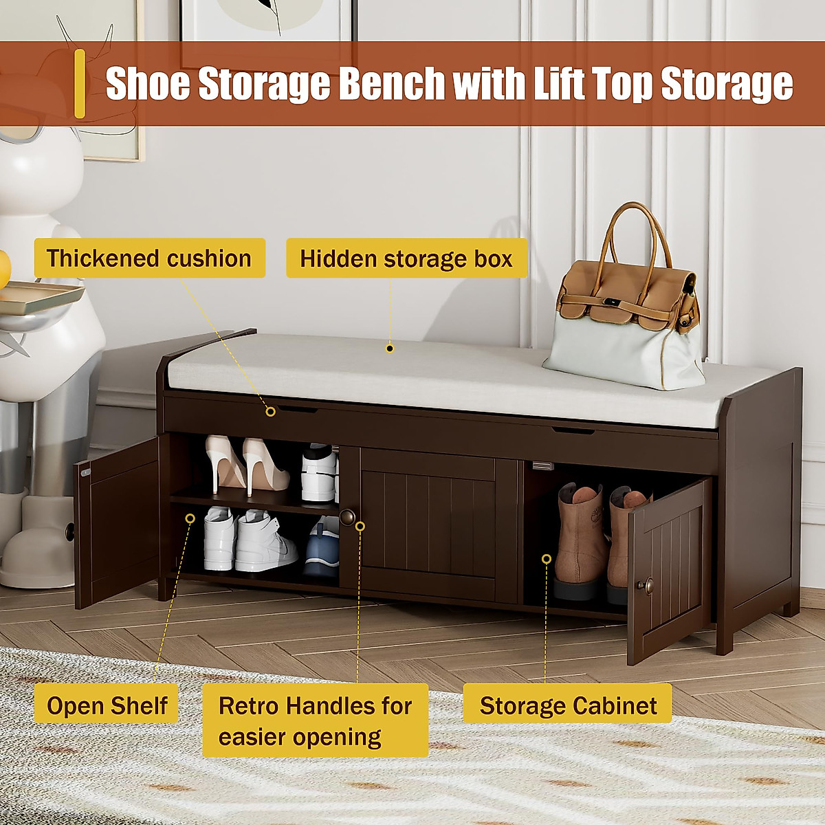 HOMEFORT 41.3" Shoe Bench with Lift Top Storage, Entryway Storage Bench with Cushioned Seat, Wooden End of Bed Bench, Shoe Cabinet Bench with Hidden Storage Space, for Bedroom, Hallway(Espresso)
