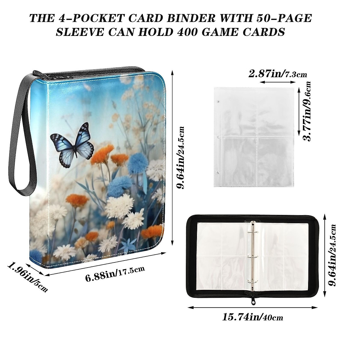 PYBUG Butterfly Trading Card Binder with Nylon Strap 4-Pocket Waterproof PU Leather Card Collection Binder for 400 Cards Sturdy Card Holder Folders for Game Cards,Sports Cards