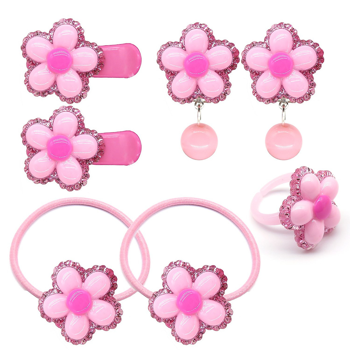 Elesa Miracle Little Girl Handbag Beauty Set Kids Plush Handbag + Flower-Shaped Clip-on Earrings Rings Hair Clips and Hair Ties + Necklace and Bracelet Set (Pink)
