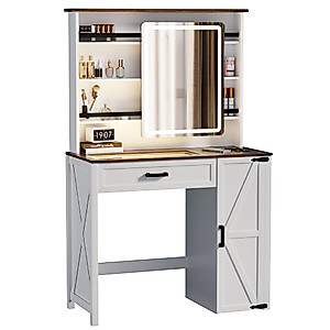 FREDEES Vanity Desk with Mirror and Lights for Small Space, Vintage Makeup Vanity Set with Glass Top & Wireless Charging Station, LED Dressing Table for Bedroom Furniture - White