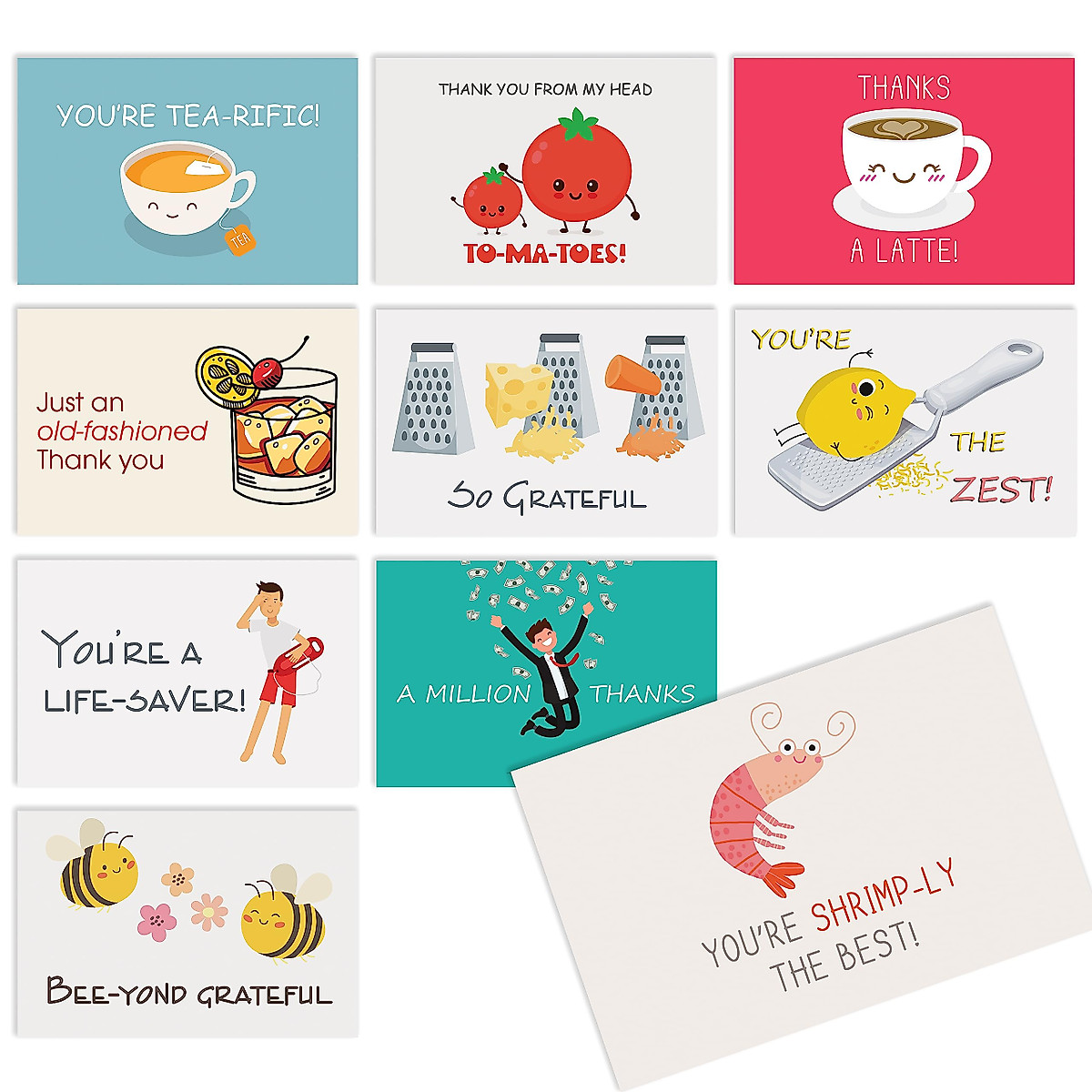 Better Office Products 50 Pack Funny Thank You Cards, 4 x 6 in with Envelopes, Funny Pun Notecards, 10 Cover Designs, 50 Count Boxed Set