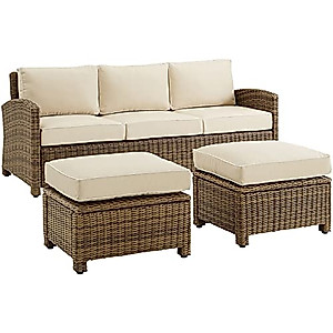 Crosley Furniture Bradenton 3-Piece Outdoor Sofa Patio Furniture Set, Wicker Conversation Sets for Porch, Brown with Sand Cushions