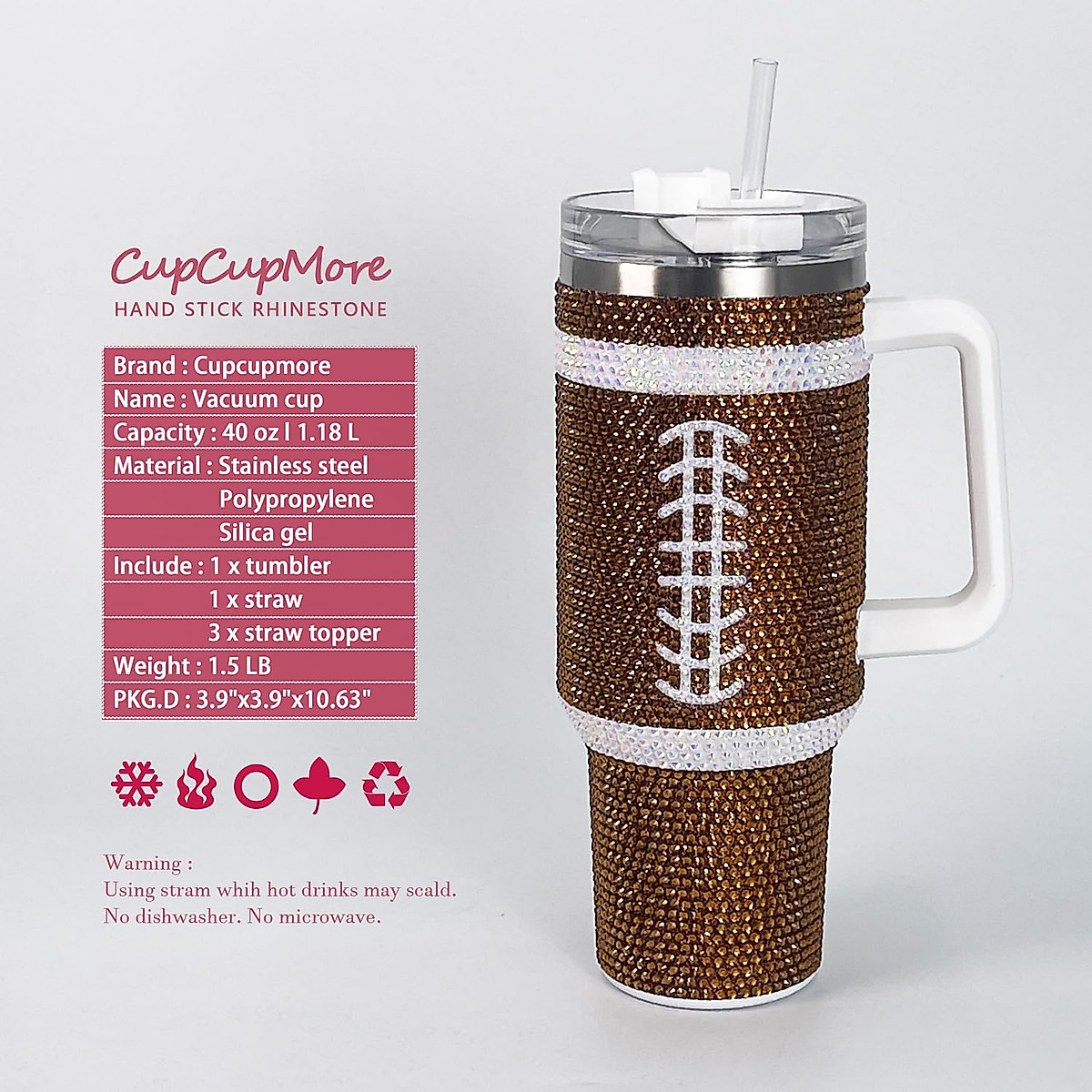 Cupcupmore 40oz America Football Bling Rhinestone Stainless Steel Sippy Tumbler Glitter Vacuum Insulated Water Bottle with Straw & Lid &Handle,Thermos for Hot & Cold Drinks,Car Cup Holder,Coffee
