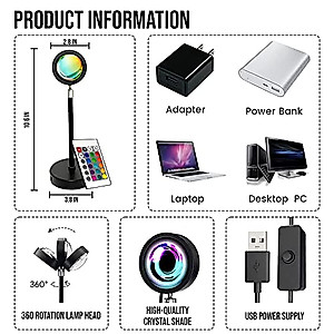 Sunset Lamp - 16 Colors Changing Remote Projector LED Lights - 360 Degree Rotation or Christmas Decorations Photography/Bedroom/Home Decor Sunset Lamps - Sunlight Projector - Sunset Projection Lamp
