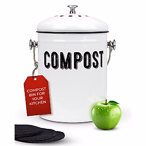 Granrosi Compost Bin Kitchen, Kitchen Compost Bin Countertop, Indoor Compost Bin, Countertop Compost Bin with Lid, 100% Rust Proof Compost Bucket w/ Non-Smell Charcoal Filters, 1.3 Gallon - White