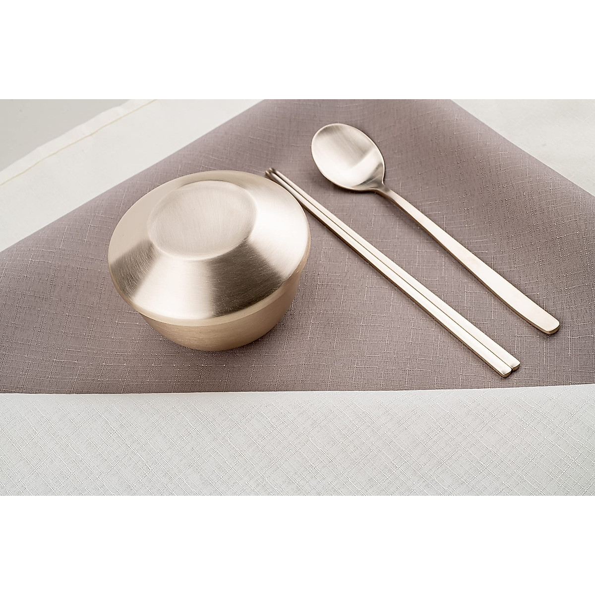 NotBiChae Premium Brassware Cutlery Spoon Chopsticks Set Korean Traditional Handmade Tableware BANGJJA YUGI with Gift Box 한국 유기 (Round Shape Set)