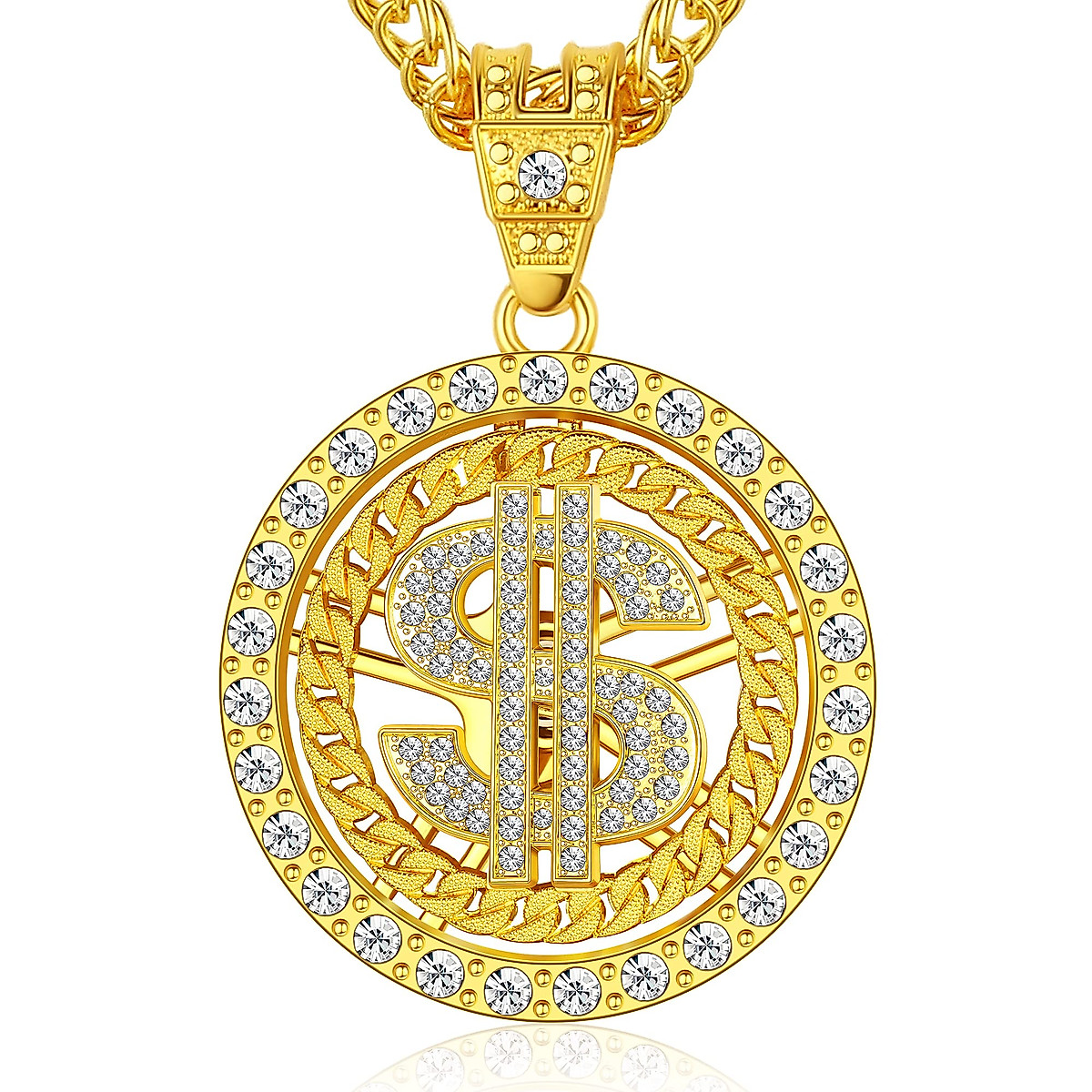 Krfy Gold Money Dollar Sign Chain Necklace For Men Rotatable Rapper Hip Hop Fake Chain 18k Gold Plated Halloween Old School Big Chunky Turnover Punk Style Necklace