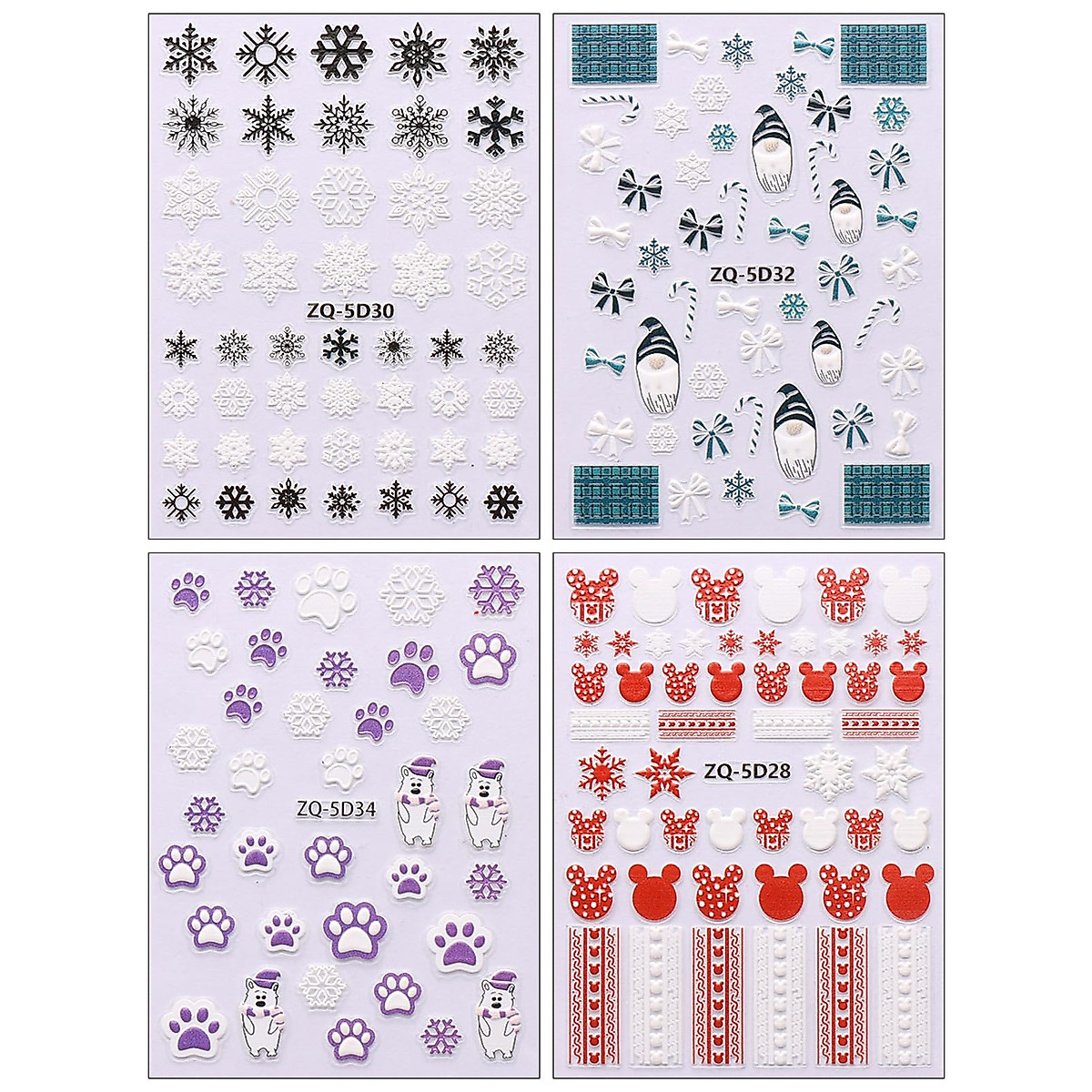 JMEOWIO 3D Embossed Christmas Nail Art Stickers Decals Self-Adhesive Pegatinas Uñas 5D Snowflake Xmas Winter Holiday Nail Supplies Nail Art Design Decoration Accessories 4 Sheets