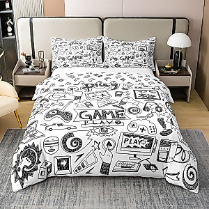 Reversible 100% Cotton Gaming Comforter Cover Full, Kids Gamepad Cartoon Bedding Set, Video Games Gamers Duvet Cover, Hip Hop Graffiti Quilt Cover, Racing Car Bedspread Cover Comfy, Black White