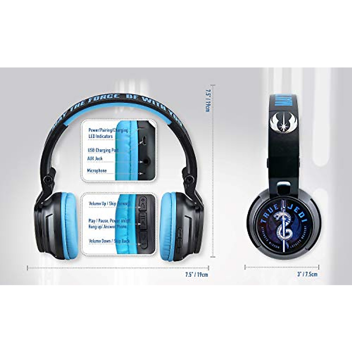 Star Wars Kids Bluetooth Headphones, Wireless Headphones with Microphone Includes Aux Cord, Volume Reduced Kids Foldable Headphones for School, Home, or Travel