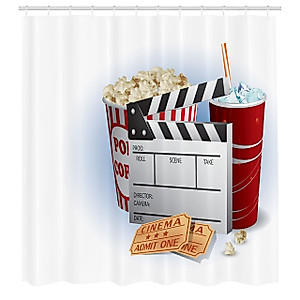 Ambesonne Movie Theater Shower Curtain, Soda Tickets Fresh Popcorn and Clapper Board Blockbuster Premiere Cinema, Cloth Fabric Bathroom Decor Set with Hooks, 69" W x 70" L, Pale Blue Ruby