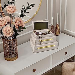 PETIARKIT Set of 3 Faux Leather Decorative Storage Boxes with Lids - Jewelry and Accessory Organizer for Women and Men, Countertop Home Decor (Beige)