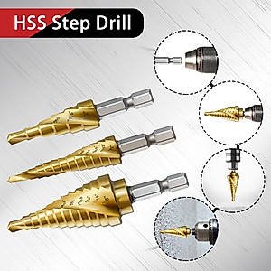 AIMLENTOOL 3PC Step Drill Bit Set, 1/4" Hex Shank High-Speed Steel Spiral Grooved Step Drill Bit for Sheet Aluminium Metal Wood Hole Drilling, 31 Step Sizes Taper Drill bit Set for DIY Lovers