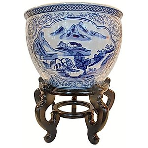 Oriental Furnishings Blue and White Porcelain Garden Pots Painted Landscape (12" W x 9" H/Inside Rim 9.25/Base 8.5)