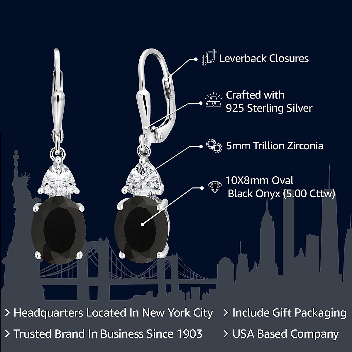 Gem Stone King 925 Sterling Silver Black Onyx and White Zirconia Dangle Earrings For Women (5.00 Cttw, Gemstone December Birthstone, Oval 10X8MM, Trillion 5MM)