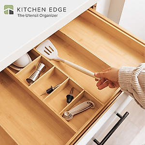 KitchenEdge Adjustable Kitchen Drawer Organizer for Utensils and Junk, Expandable to 33 Inches Wide, 9 Compartments, 100% Bamboo